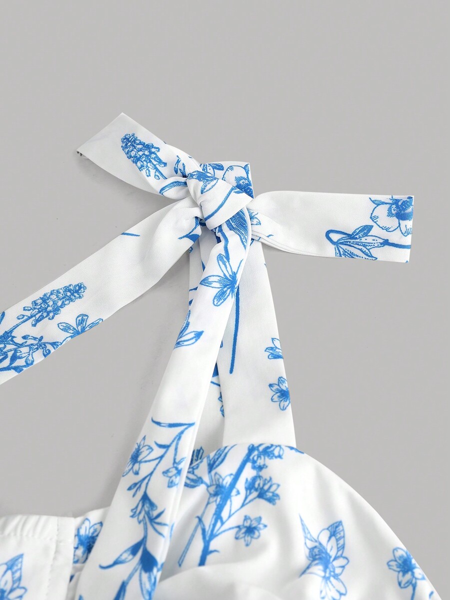 SHEIN Teen Girl's Blue & White Striped Floral Print Ruffle Criss-Cross ...