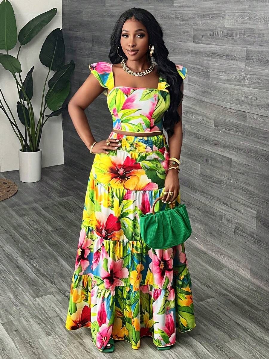 SHEIN Slayr Colorful Floral & Tropical Leaf Print Camisole Top And Long ...