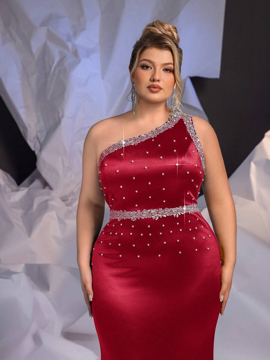 Glamrae Plus Size Blue Satin Hand-Embellished Pearl Flower Gold And ...