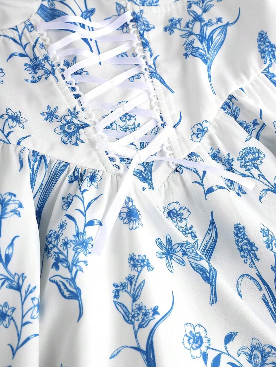 SHEIN Teen Girl's Blue & White Striped Floral Print Ruffle Criss-Cross ...