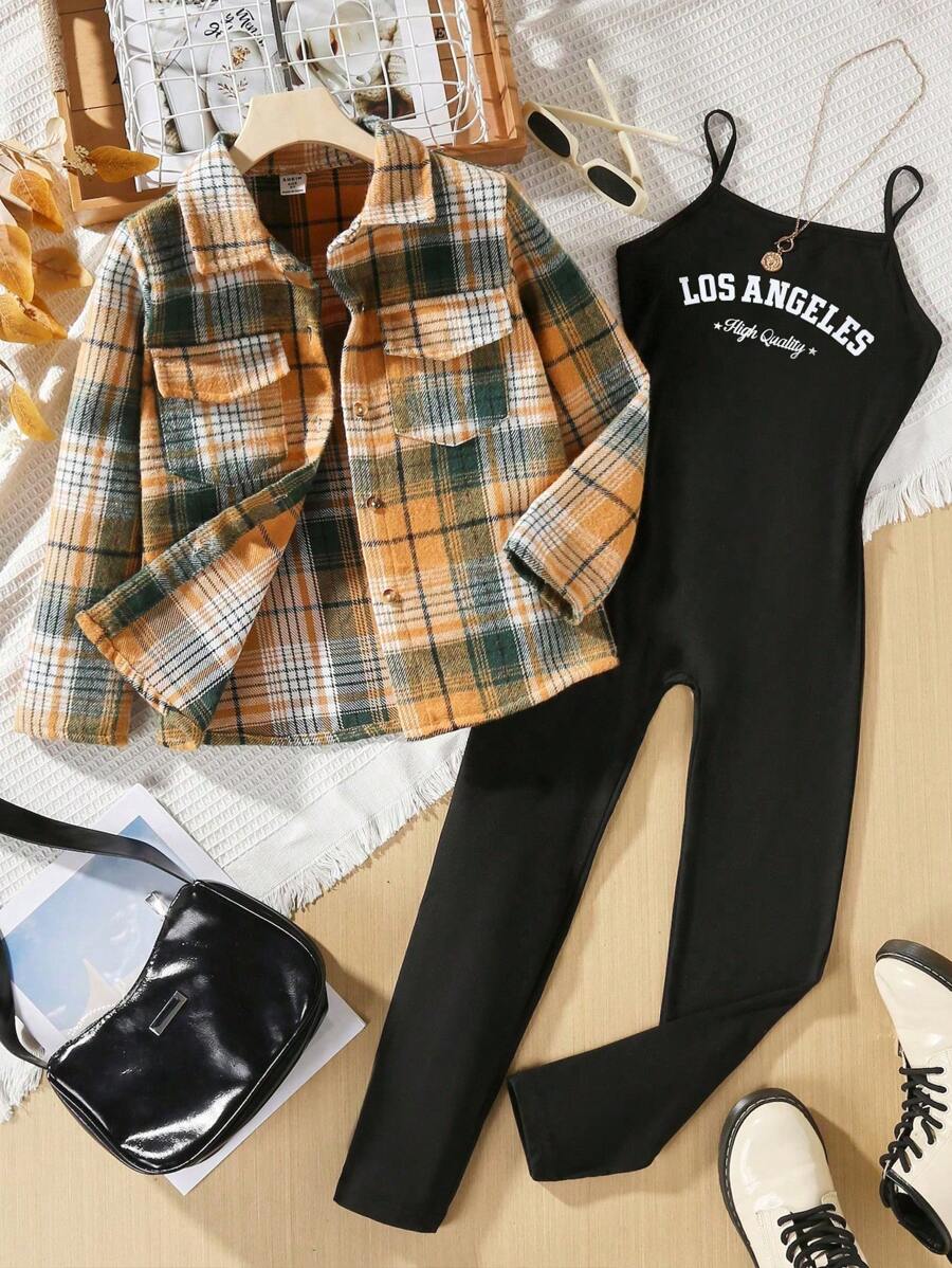 SHEIN Tween Girl 2pcs/Set Preppy Vintage Plaid Shirt & Letter Graphic ...