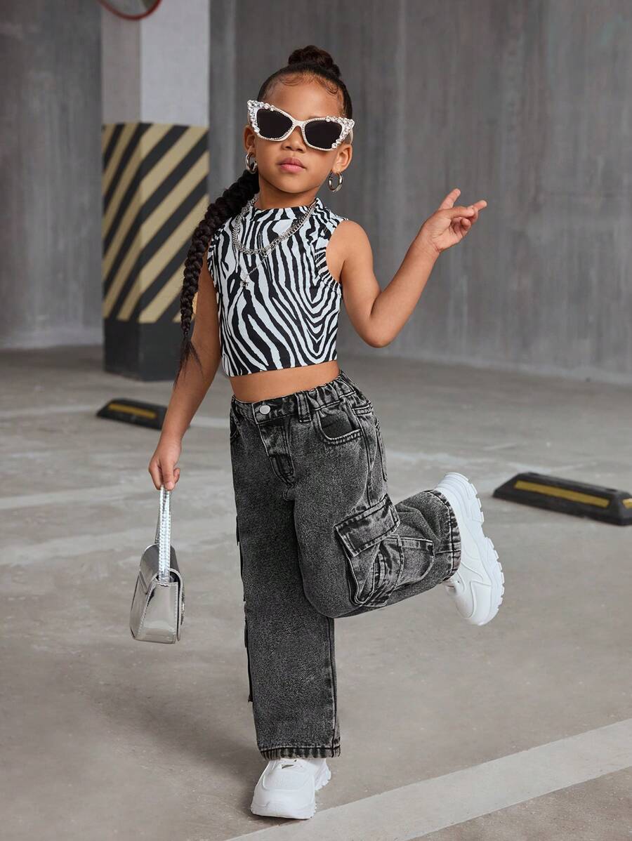 SHEIN Girls' Y2K Gray Denim Cargo Pocket Loose Wide-Leg Pants, Girl ...