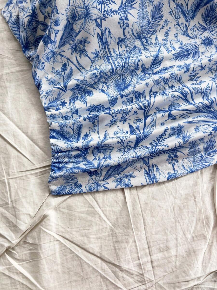 SHEIN WYWH Women Blue & White Floral Print Halter Neck Pleated Camisole ...