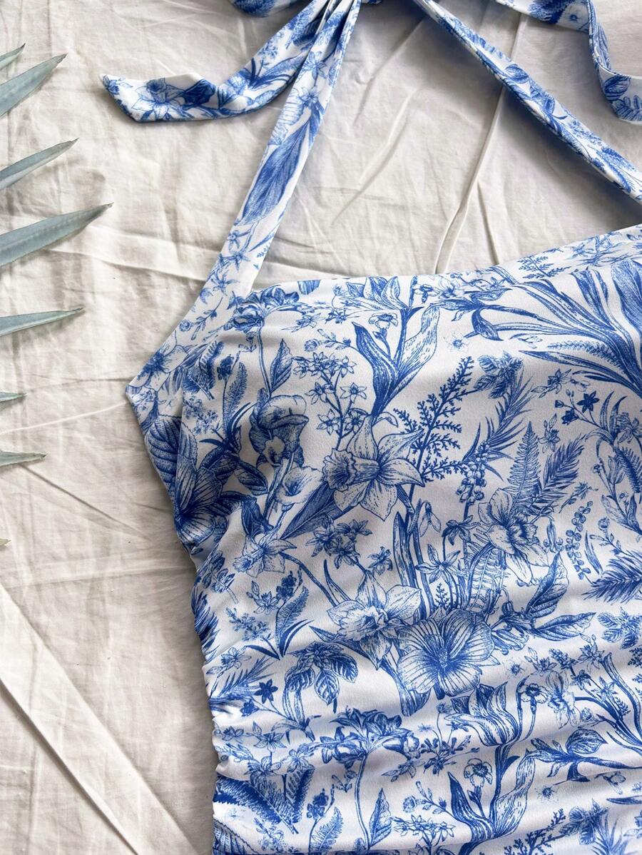 SHEIN WYWH Women Blue & White Floral Print Halter Neck Pleated Camisole ...