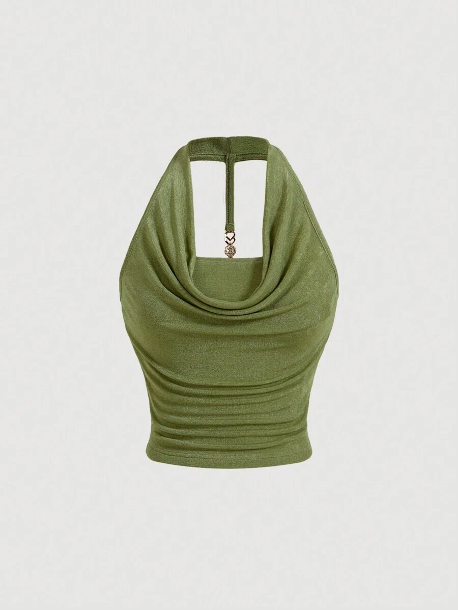 SHEIN MOD Green Draped Collar Halter Back Metal Decorative Buckle ...