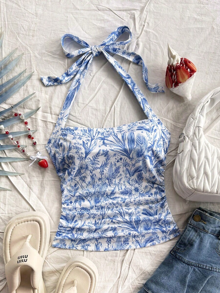 SHEIN WYWH Women Blue & White Floral Print Halter Neck Pleated Camisole ...