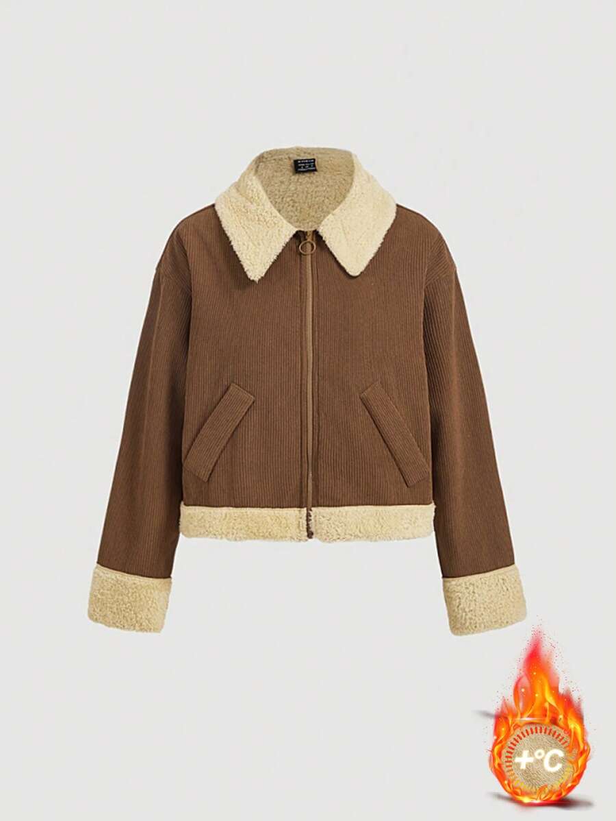 SHEIN MOD Fall ,Winter Khaki Oversized Lapel Borg Fleece Women Jacket ...