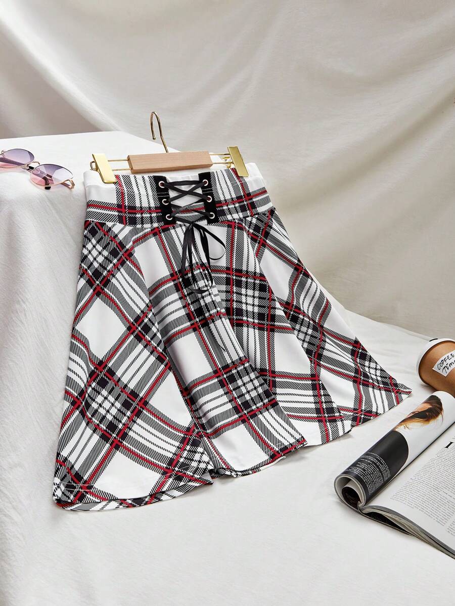 Muchica Women's Plaid Print Criss-Cross Waist A-Line Skirt | SHEIN UK