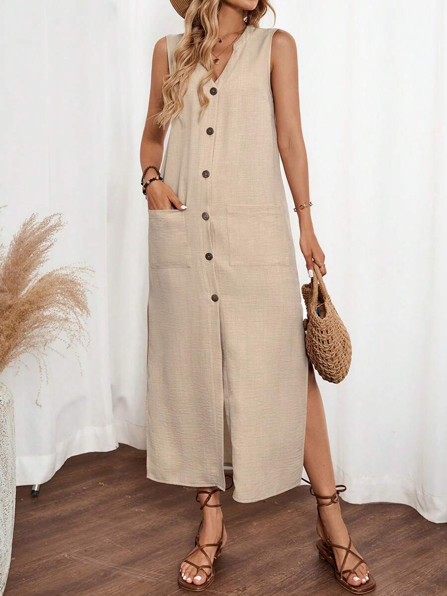 SHEIN LUNE V-Neck Button-Front Sleeveless Dress With Pockets In Linen ...