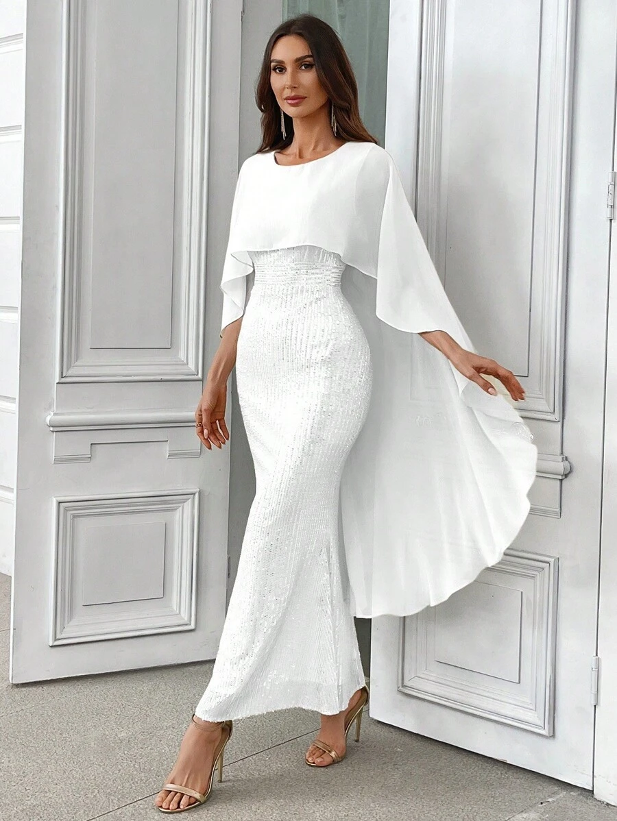 SHEIN Belle Women's Sequin Shawl Elegant Formal Prom Gown Dress, White ...