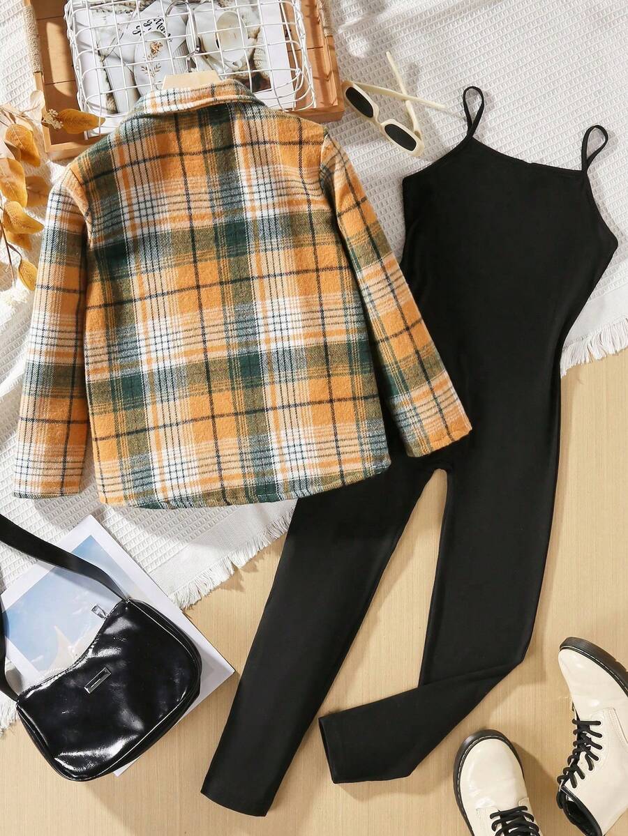 SHEIN Tween Girl 2pcs/Set Preppy Vintage Plaid Shirt & Letter Graphic ...
