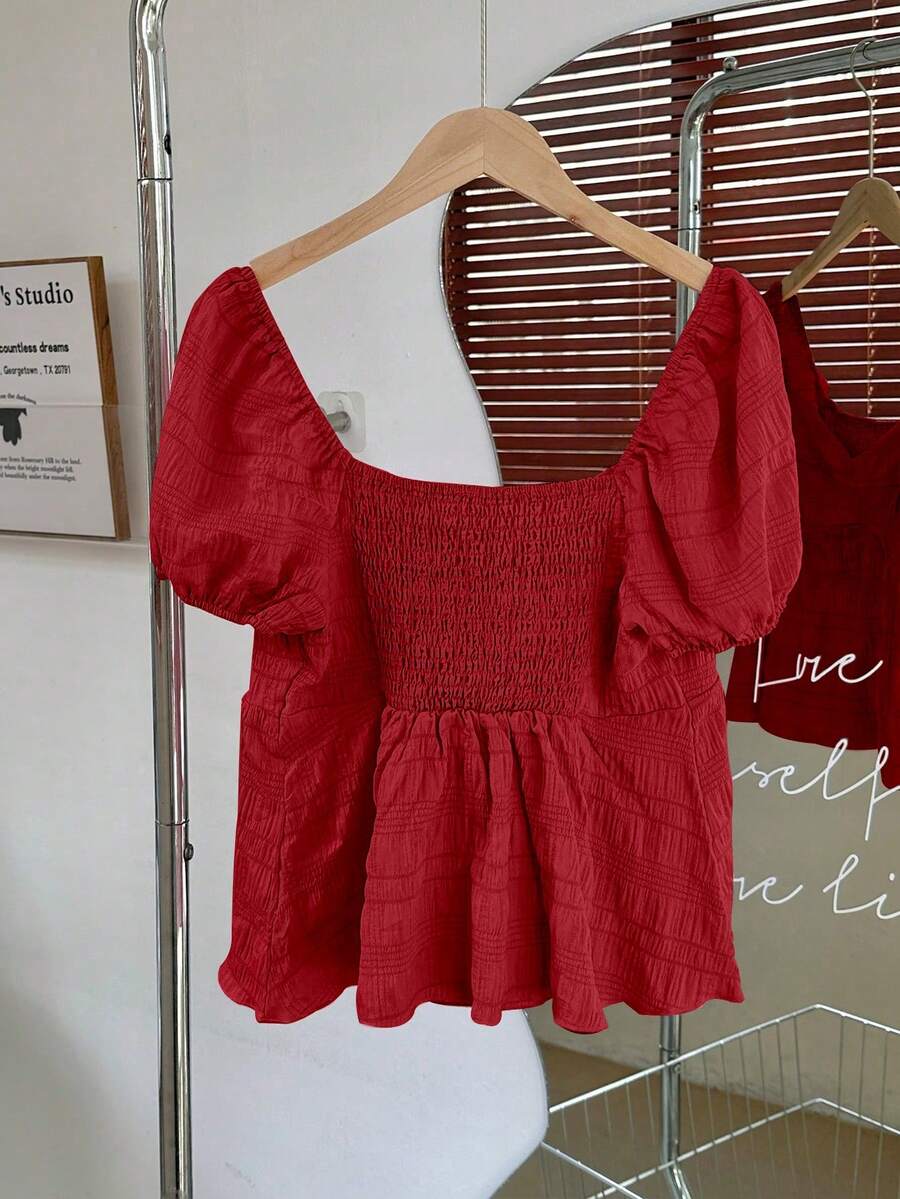 SHEIN MOOSTA Women's Red Short Sleeve Square Collar Cinched Waist ...