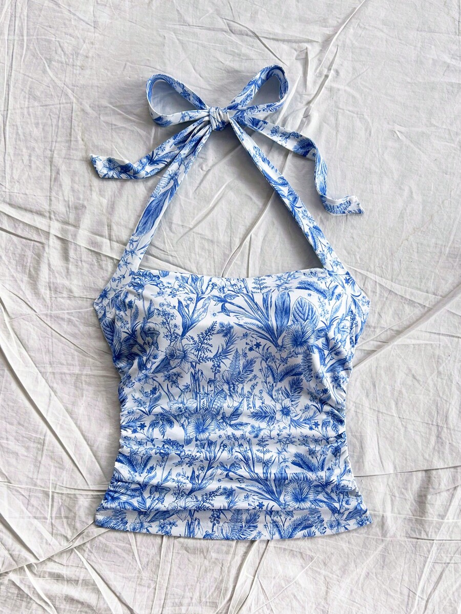 SHEIN WYWH Women Blue & White Floral Print Halter Neck Pleated Camisole ...