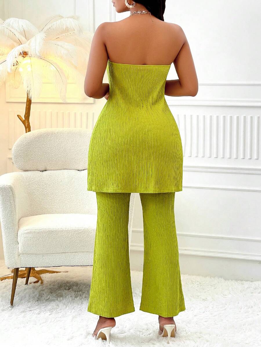 SHEIN VaVaLuxe Solid Color Twisted Front Split Green Strapless Top And ...