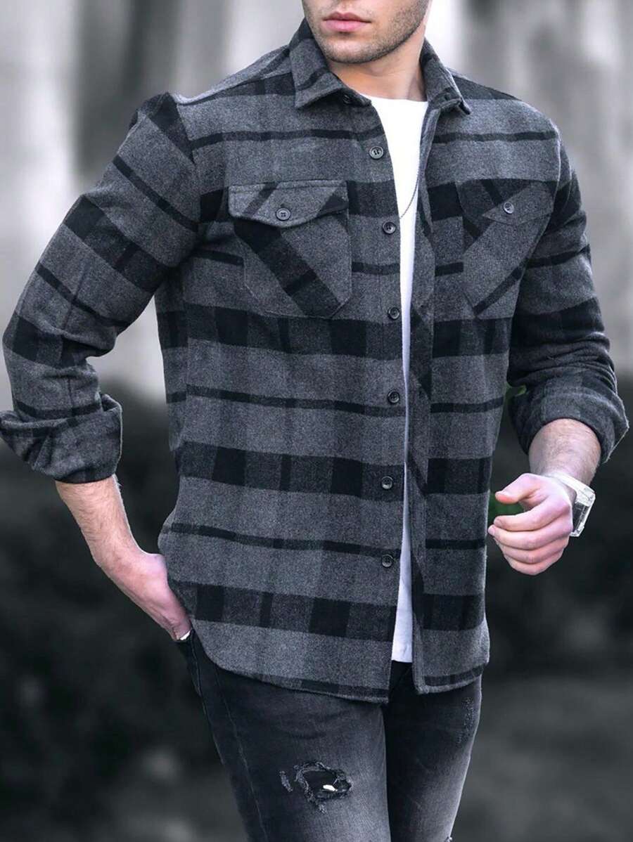 Manfinity Dauomo Men's Plaid Long Sleeve Shacket | SHEIN USA