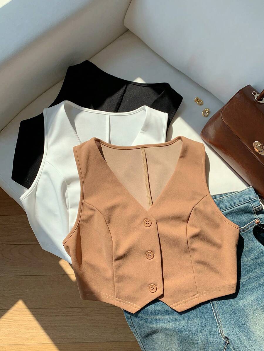 Comfortcana 3 Pcs Plus Size Women's Solid Simple Button Front Waistcoat ...