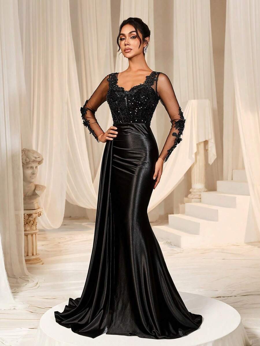 Faeriesty Floral Applique Draped Side Mermaid Hem Formal Dress Black ...