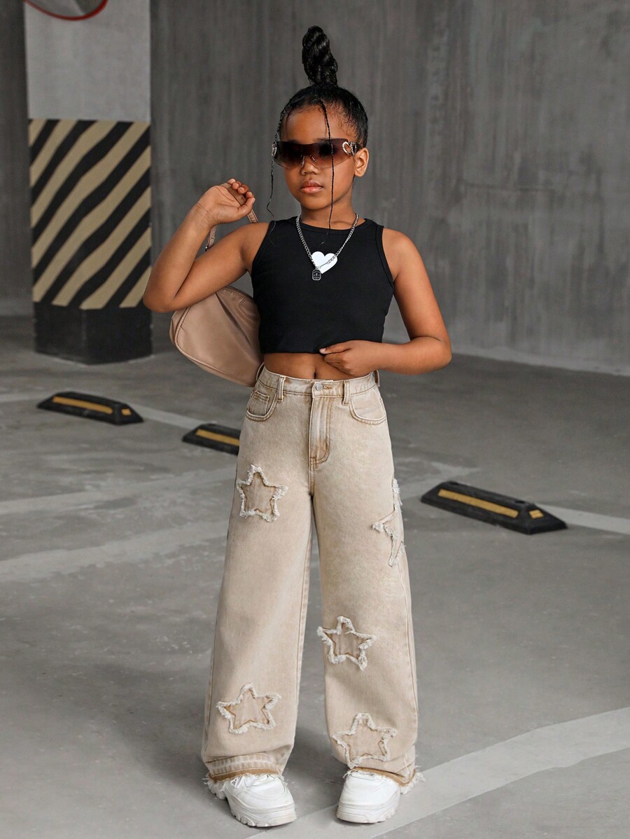 SHEIN Tween Girls Y2K Fashion Frayed Hem Decor Washed Distressed Star ...