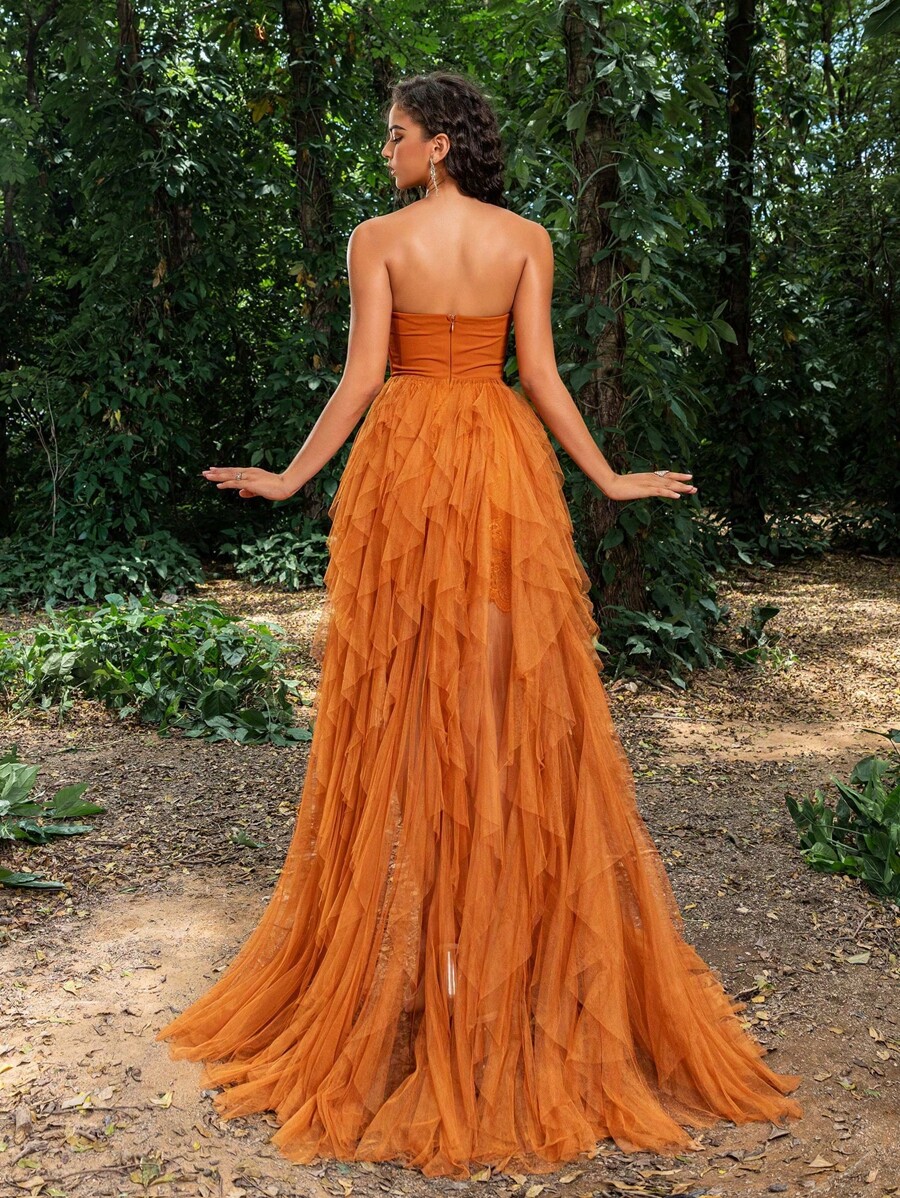 Mesh Overlay Hem Split Thigh Tube Formal Dress Elegant Prom Evening Wedding Guest Gown For