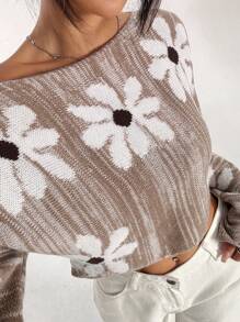 Flirla Casual Floral Pattern Flared Sleeve Cropped Sweater For Spring ...