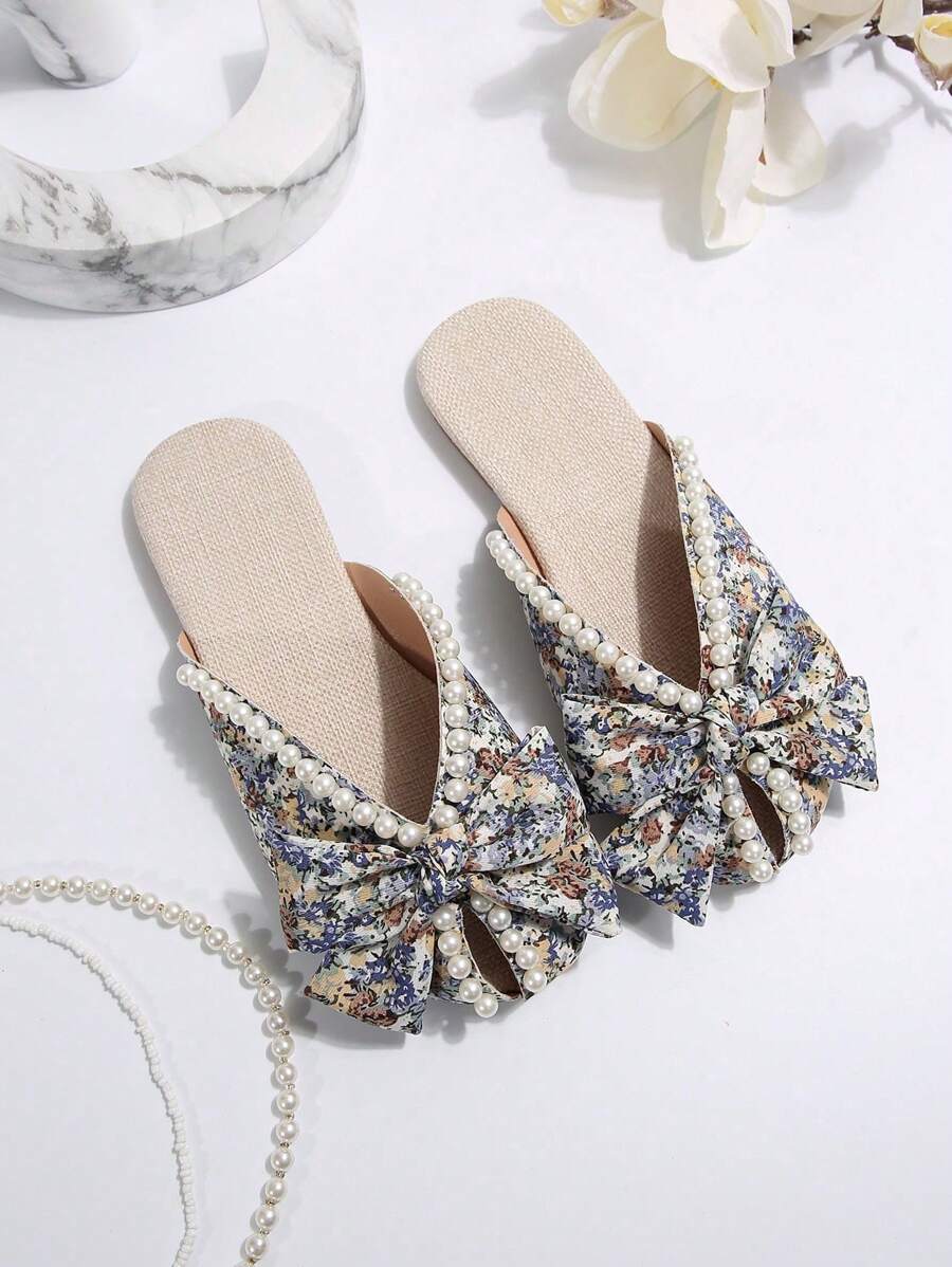 Women's Floral Print Slippers, Casual Bow Decoration Slippers, Faux ...