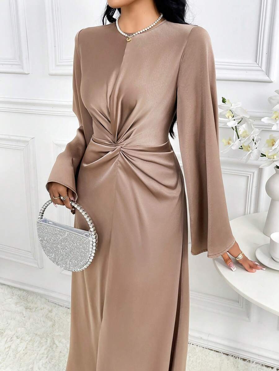 Modelyn Women's Solid Color Twist Front Zipper Back Simple Long Arabian Style Dress Long Evening ...