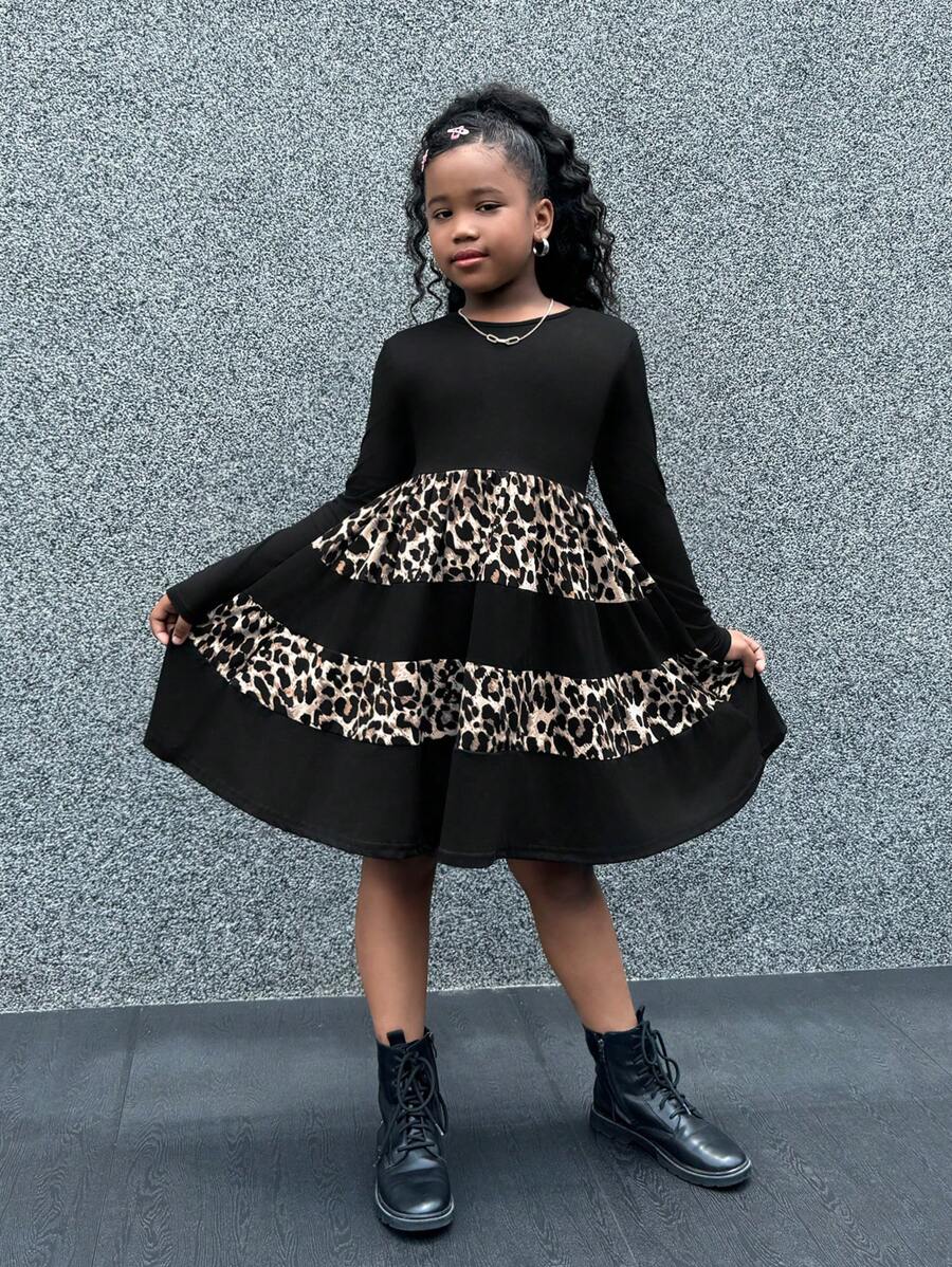 SHEIN Tween Girl Casual Cute Crewneck Black Knit Patchwork Leopard ...