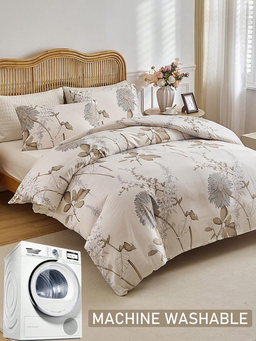 3pcs Plant Leaf Print Polyester Duvet Cover Set, Minimalist Pastoral ...