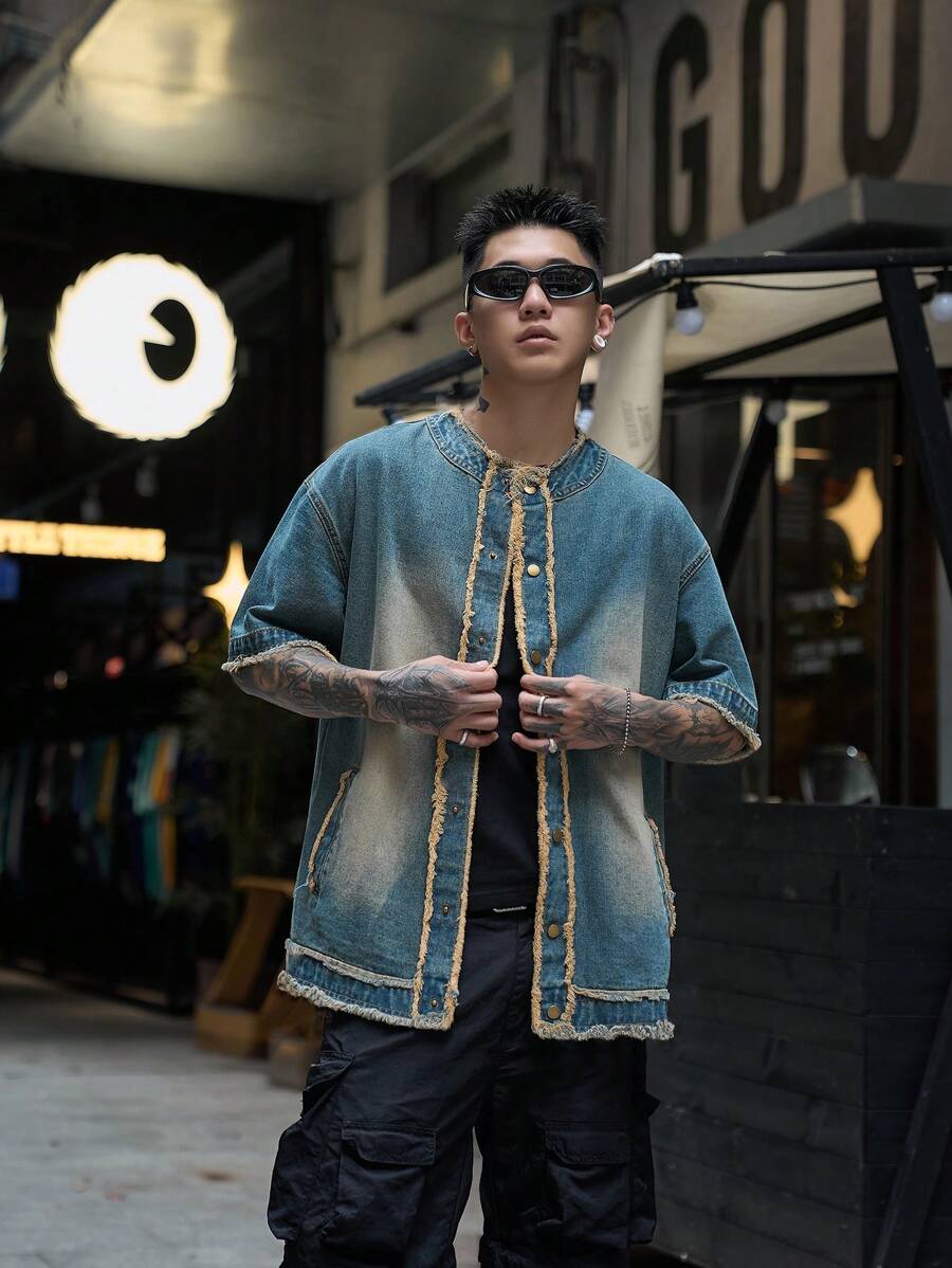 Manfinity EMRG Men's Frayed Edge Single-Breasted Short Sleeve Street ...