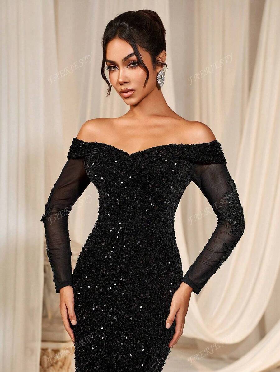 Faeriesty Off Shoulder Long Sleeve Sequin Mermaid Hem Formal Party Long Evening Gown Glittery ...