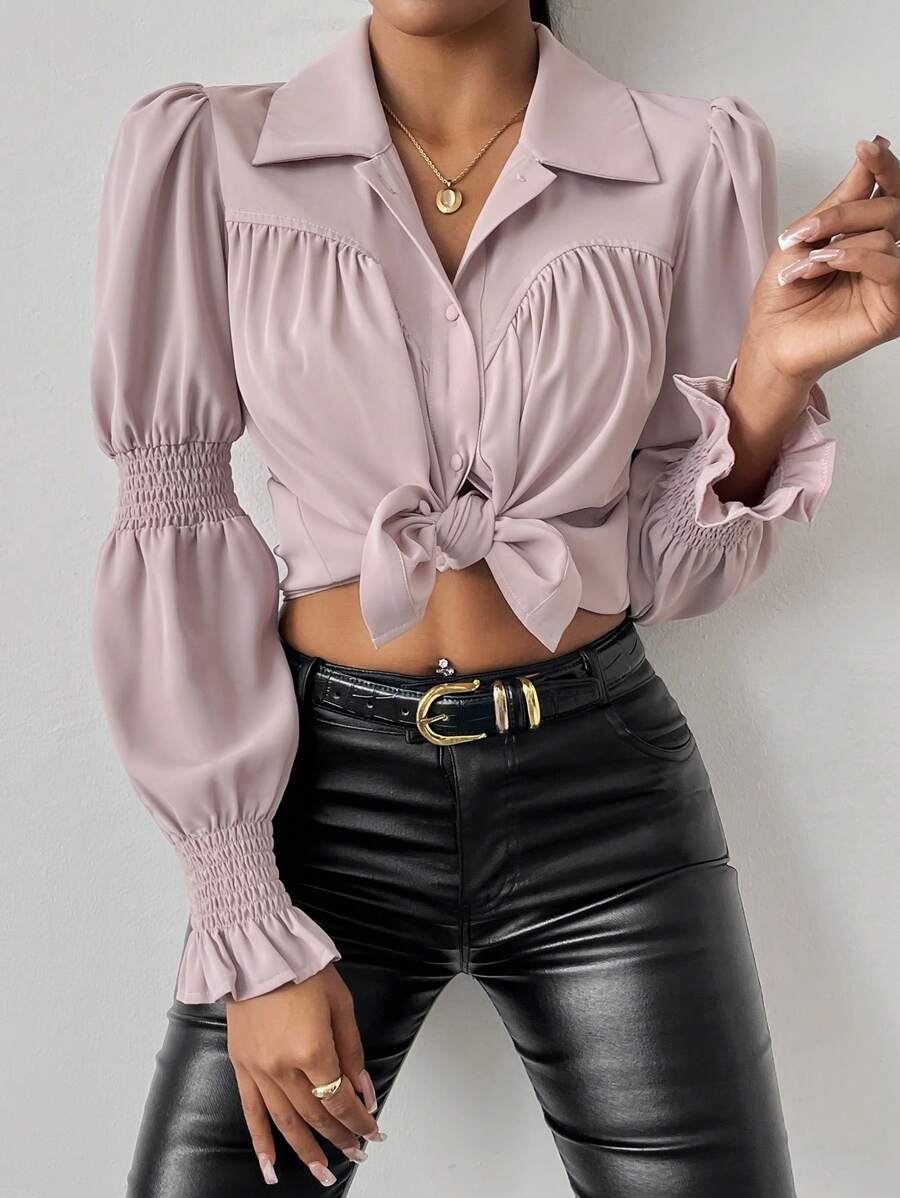Chiquease Women's Solid Color Collared Front Button Simplistic Puff ...