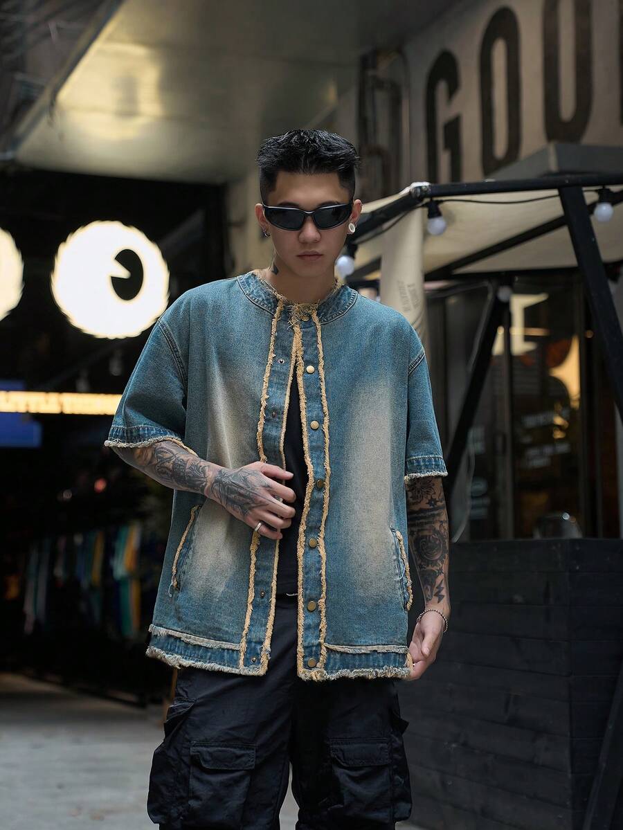 Manfinity EMRG Men's Frayed Edge Single-Breasted Short Sleeve Street ...