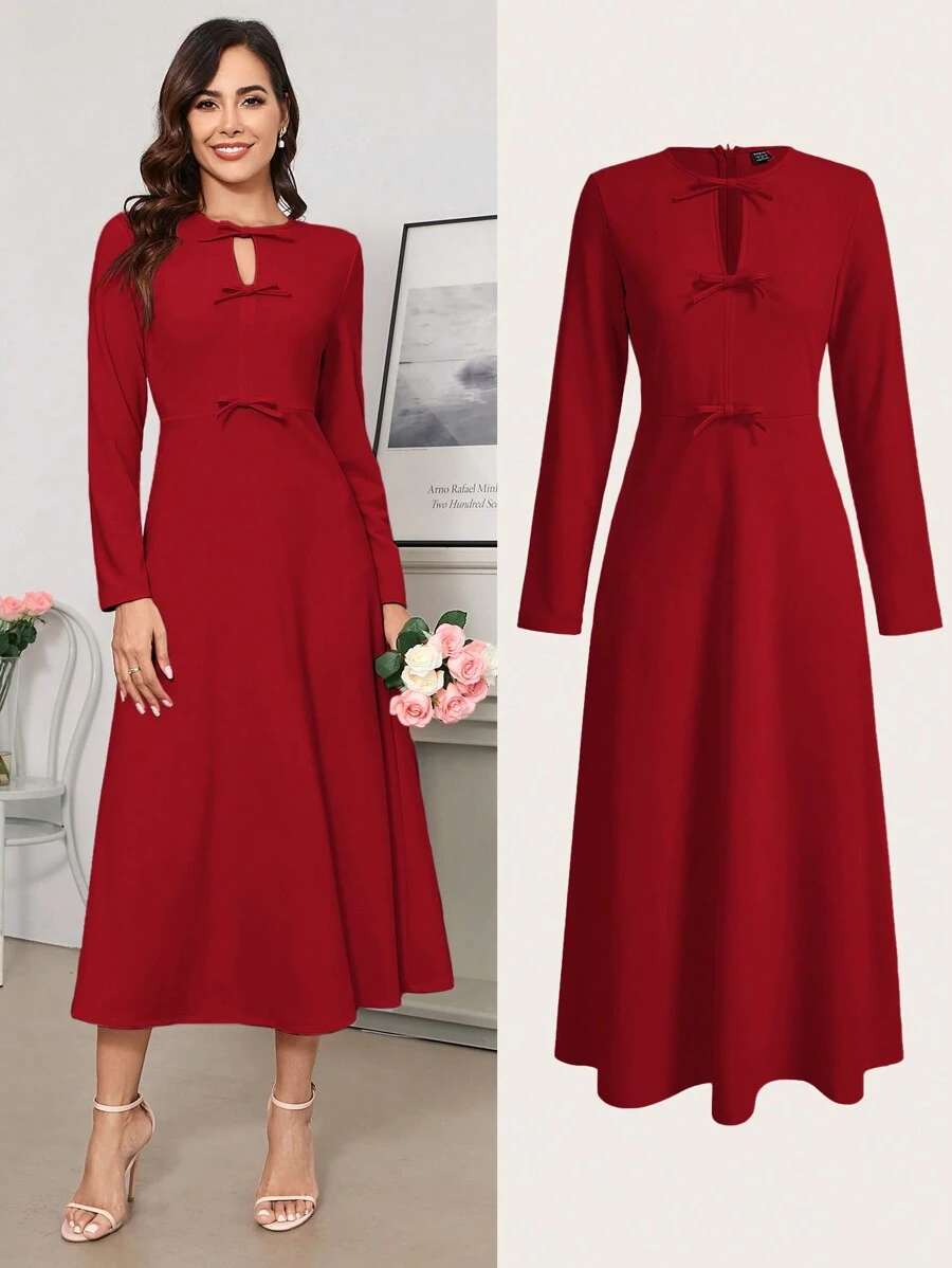 Ellevyn Women's Elegant Bowknot Accent Long Sleeve A-Line Dress, Nude ...