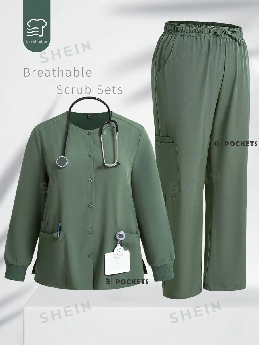 SHEIN TaskFit Conjunto de uniforme con top de manga larga y pantalones ...