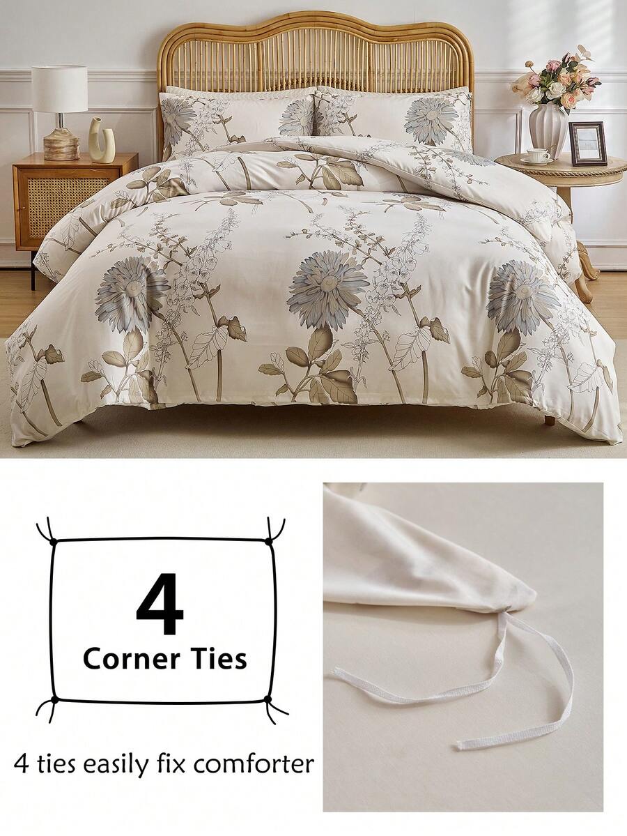 3pcs Plant Leaf Print Polyester Duvet Cover Set, Minimalist Pastoral ...