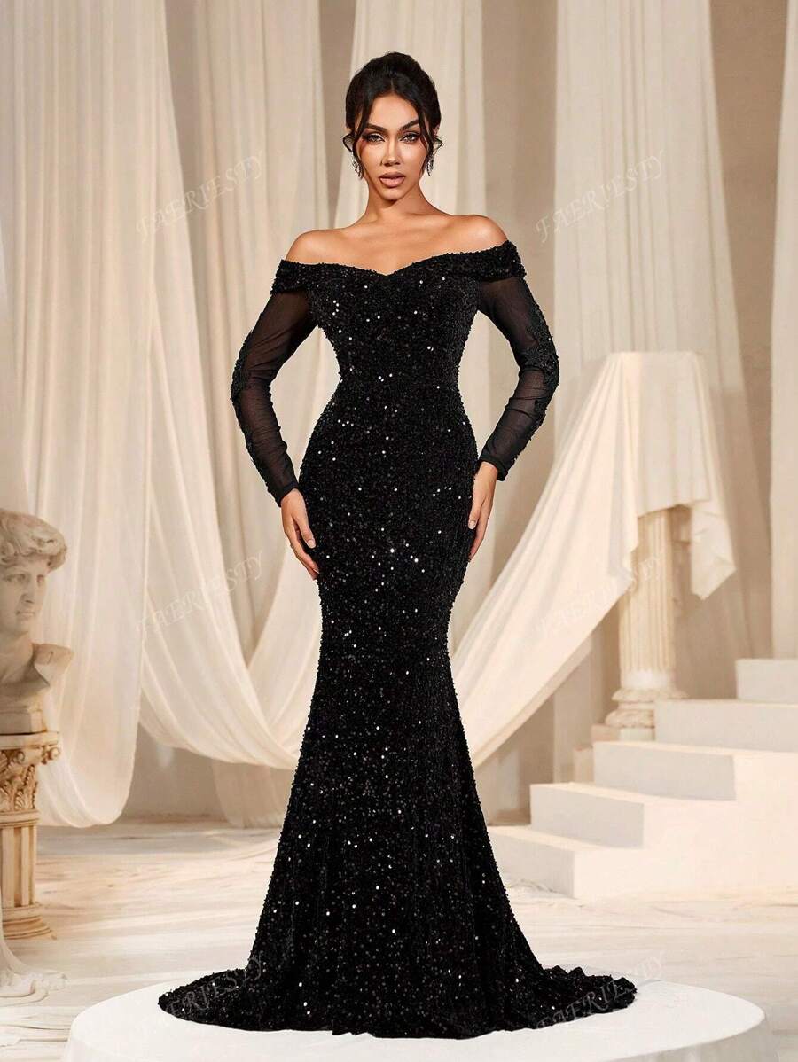 Faeriesty Off Shoulder Long Sleeve Sequin Mermaid Hem Formal Party Long Evening Gown Glittery ...
