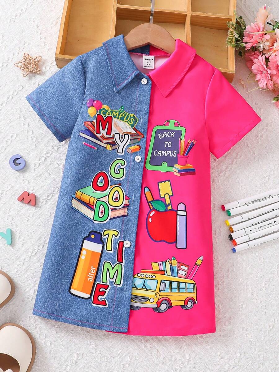 SHEIN Young Girls Denim Effect Patchwork Pink Shirt Dress With Collar ...
