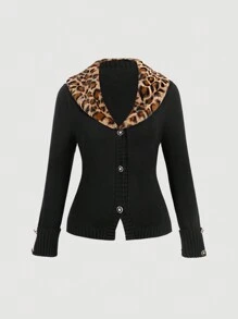 SHEIN MOD Plus Size Women Leopard Print Fluffy Collar Black Cardigan ...