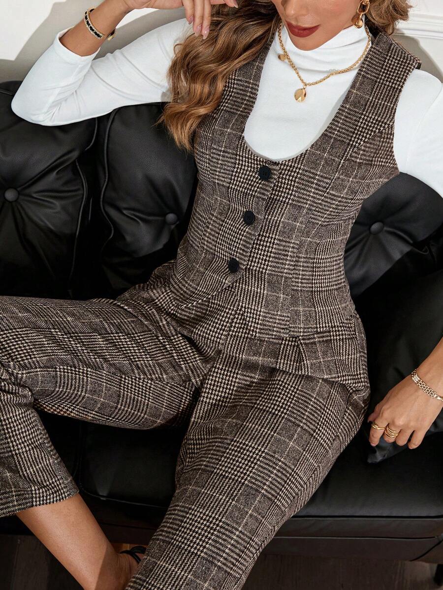 SHEIN Clasi Plaid Suit Vest And Pleated Pants 2pcs Casual Commuter ...