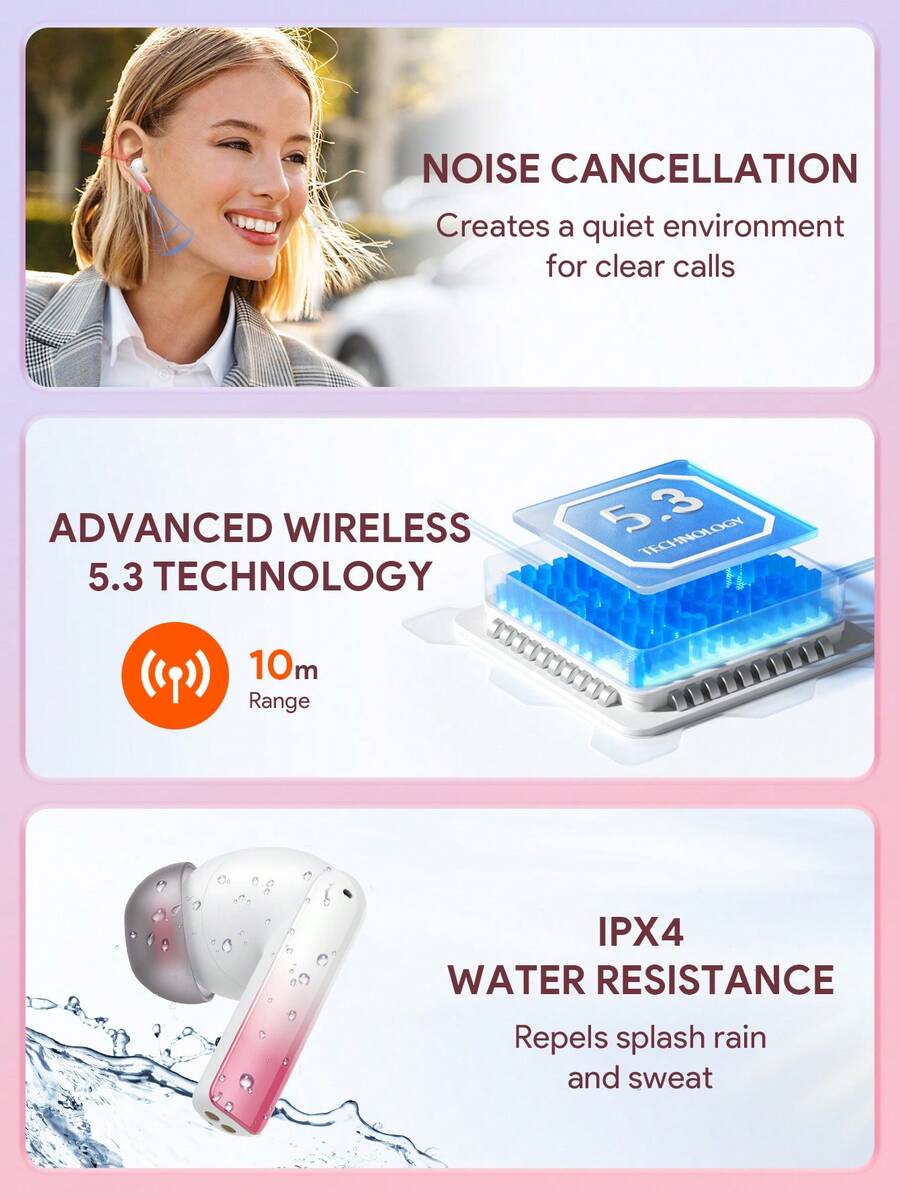 JMMO Wireless In-Ear Earbuds 5.3 Touch Control Noise Reduction IPX4 Waterproof With 10mm Drivers ...