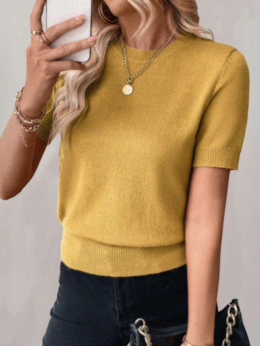 RosyDaze Women's Solid Color Simple Daily Round Neck Short Sleeve Knit ...
