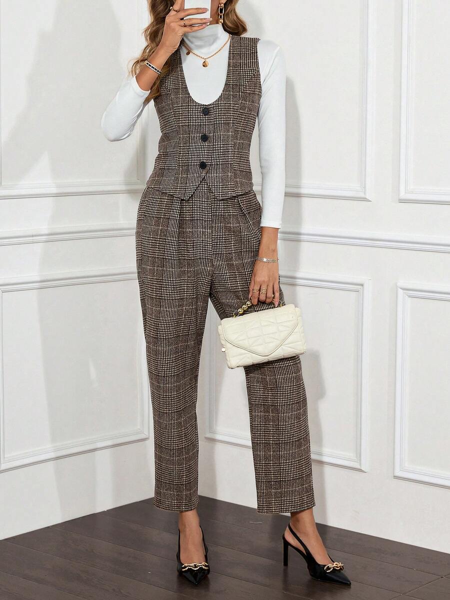 SHEIN Clasi Plaid Suit Vest And Pleated Pants 2pcs Casual Commuter ...