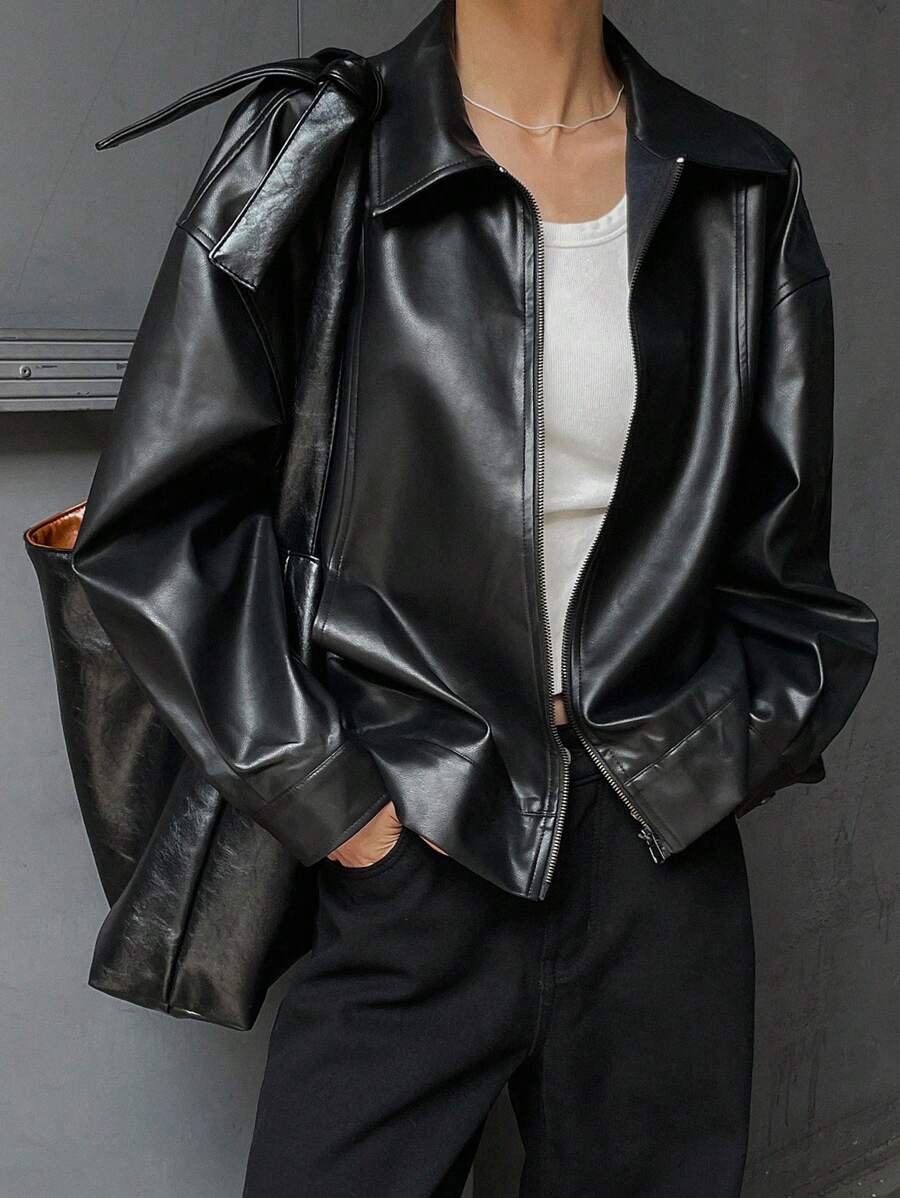 DAZY Turndown Collar Zip Up Loose Casual BF Style Motorcycle Faux ...