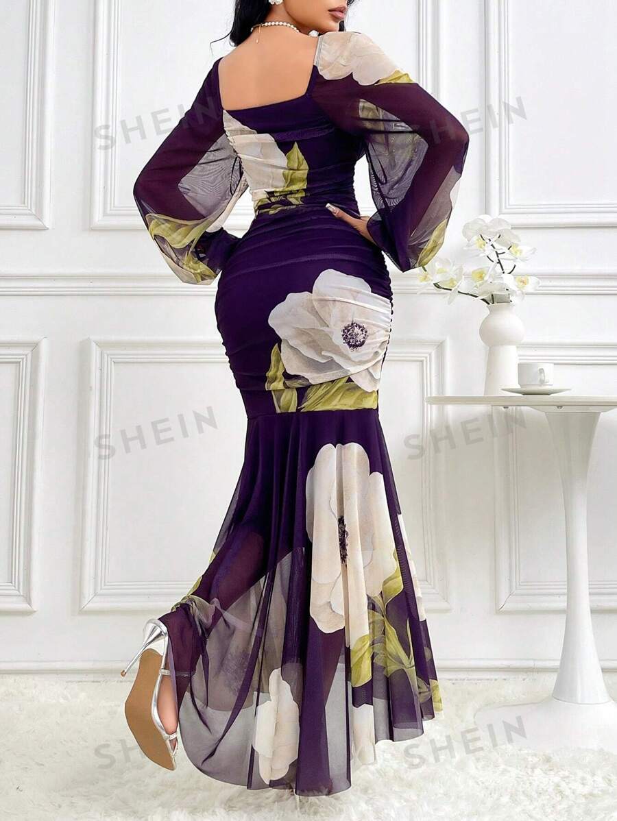 SHEIN Modely Vestido midi con estampado floral elegante, manga ...