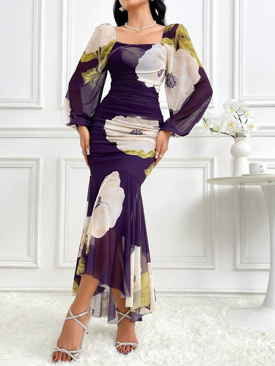 Modelyn Women's Elegant Floral Print Puff Sleeve Fishtail Hem Dress ...