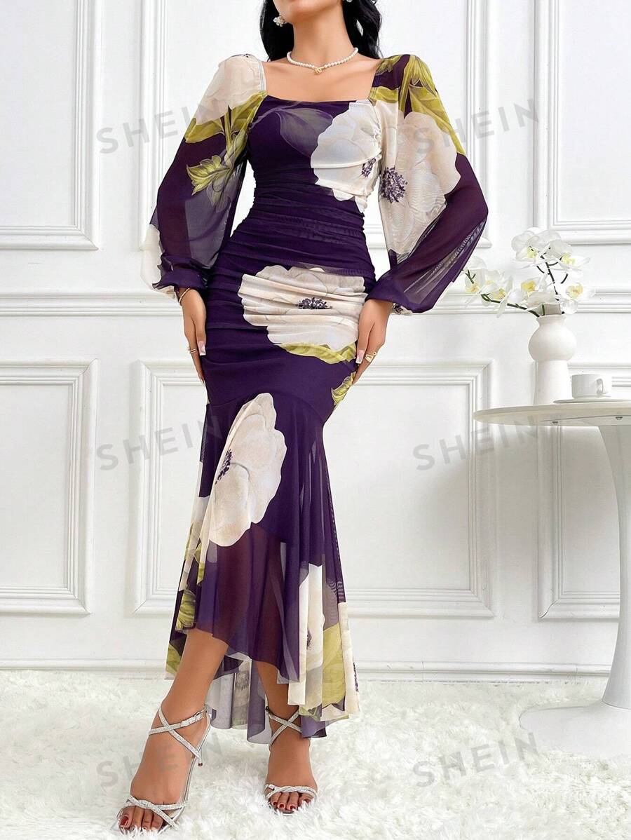 SHEIN Modely Vestido Elegante Feminino com Estampa Floral, Manga Bufante e Bainha de Sereia ...