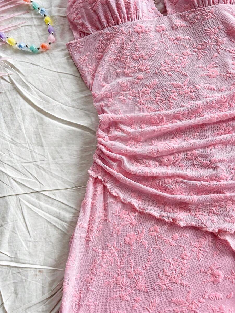 SHEIN Dreamara Sweet Halter V-Neck Tie-Up Mesh Ruched Romantic Vacation ...