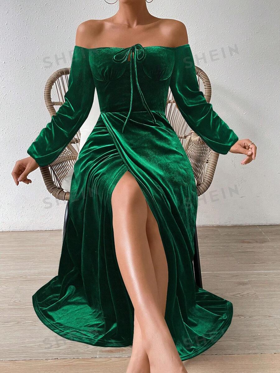 SHEIN BAE Women Spring Autumn Elegant Off-The-Shoulder High Slit Emerald Dress Formal | SHEIN UK