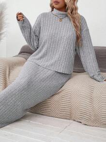 SHEIN LUNE 2pcs Plus Size Solid High Neck Long Sleeve Sweater And Skirt ...