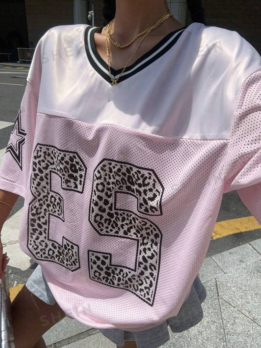 SHEIN EZwear Pink Mesh Women Printed T-Shirt | SHEIN UK